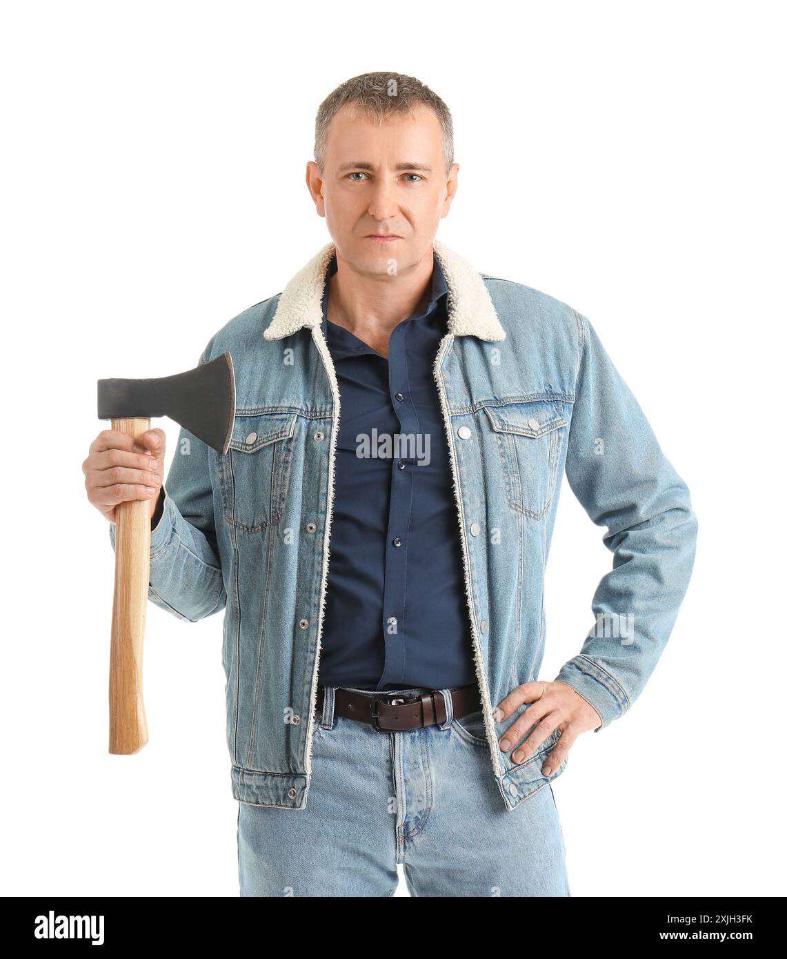 Portrait of adult man with axe on white background Stock Photo - Alamy