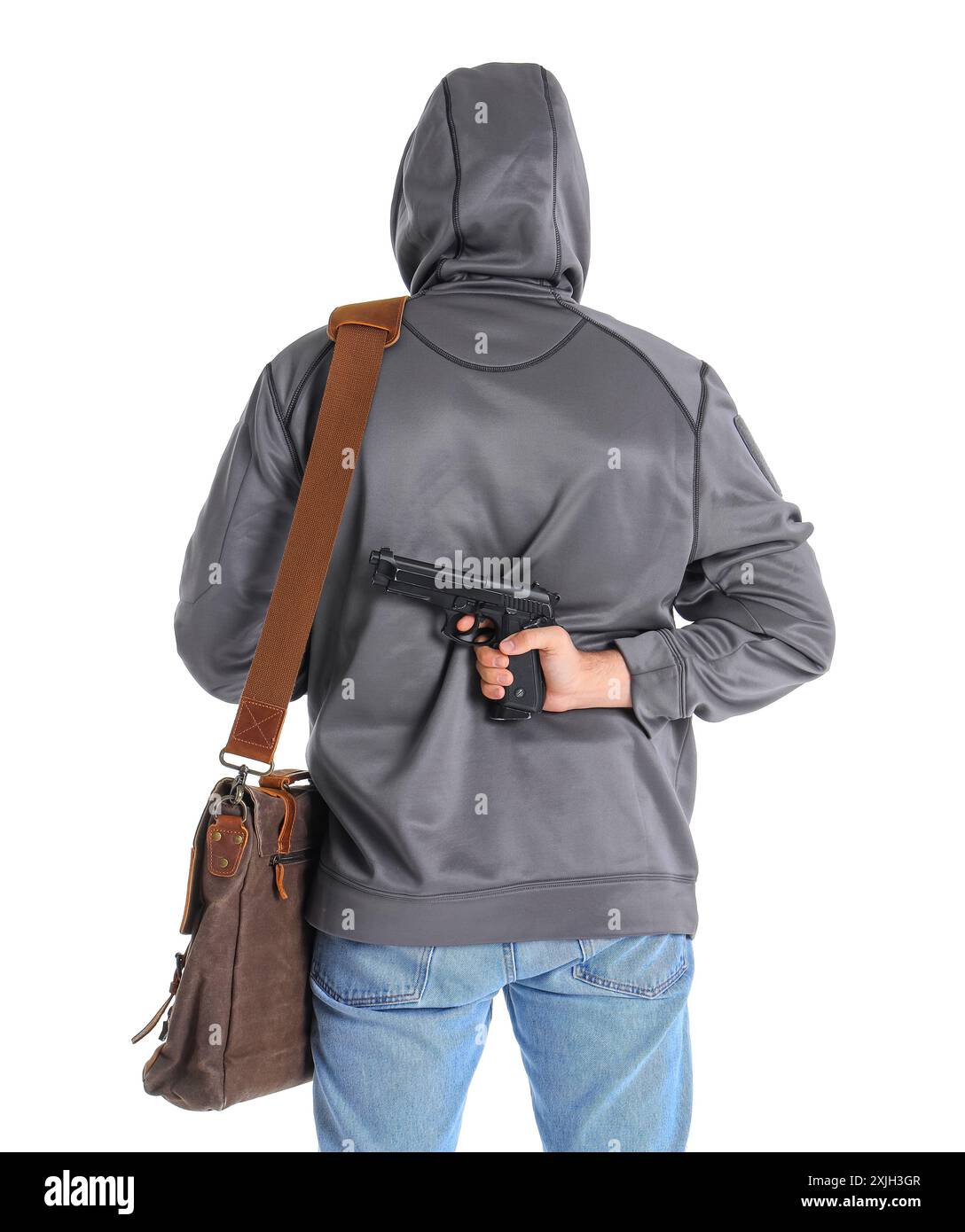 Male student with gun on white background, back view. School shooting ...