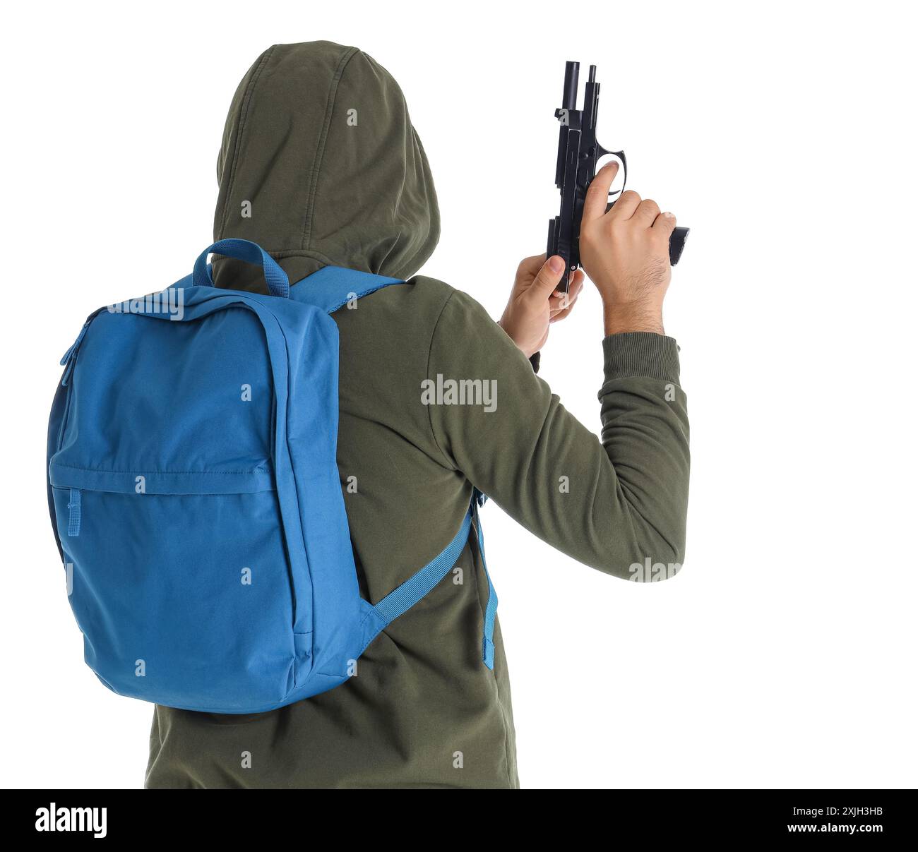 Male student with gun on white background, back view. School shooting ...