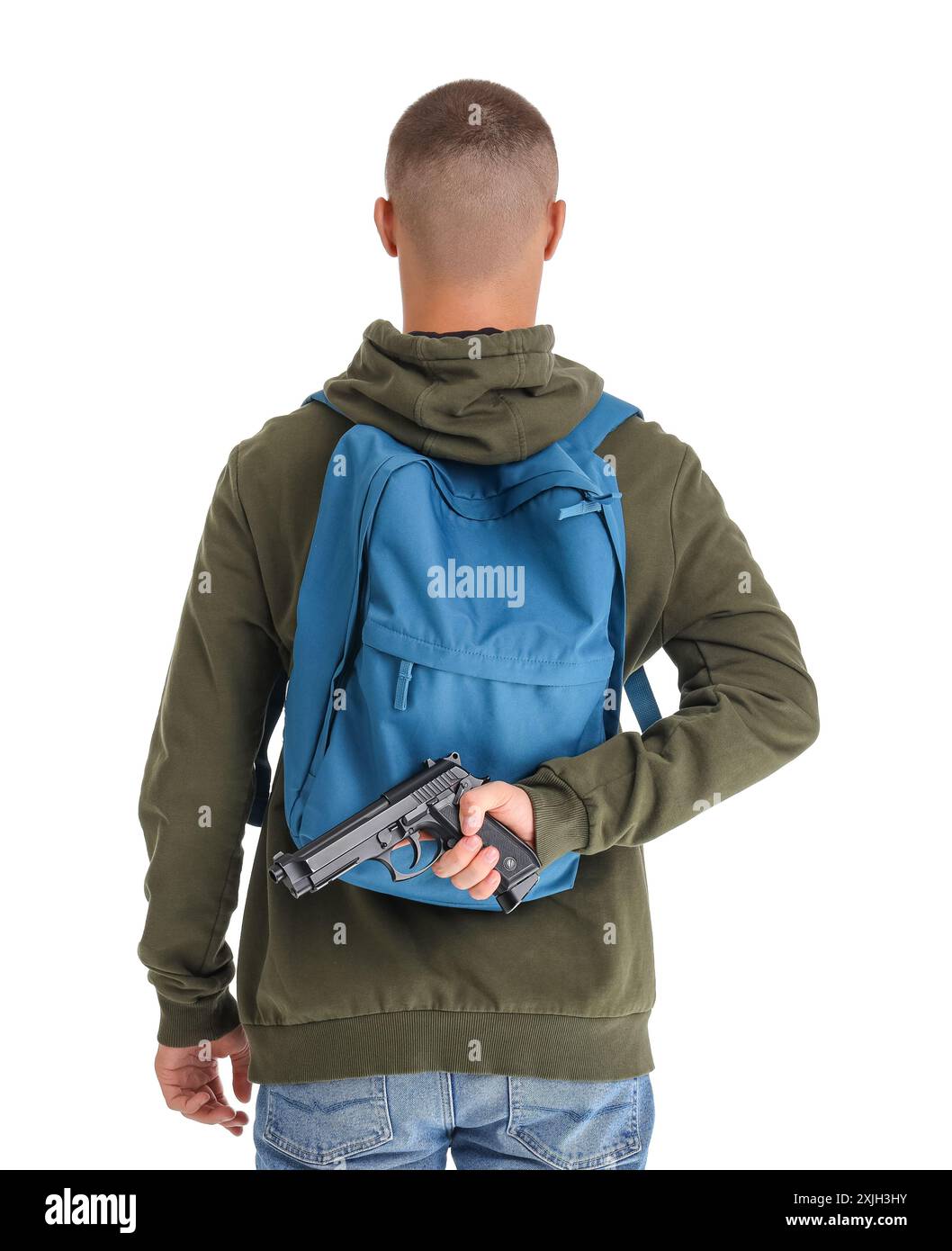 Male student with gun on white background, back view. School shooting ...
