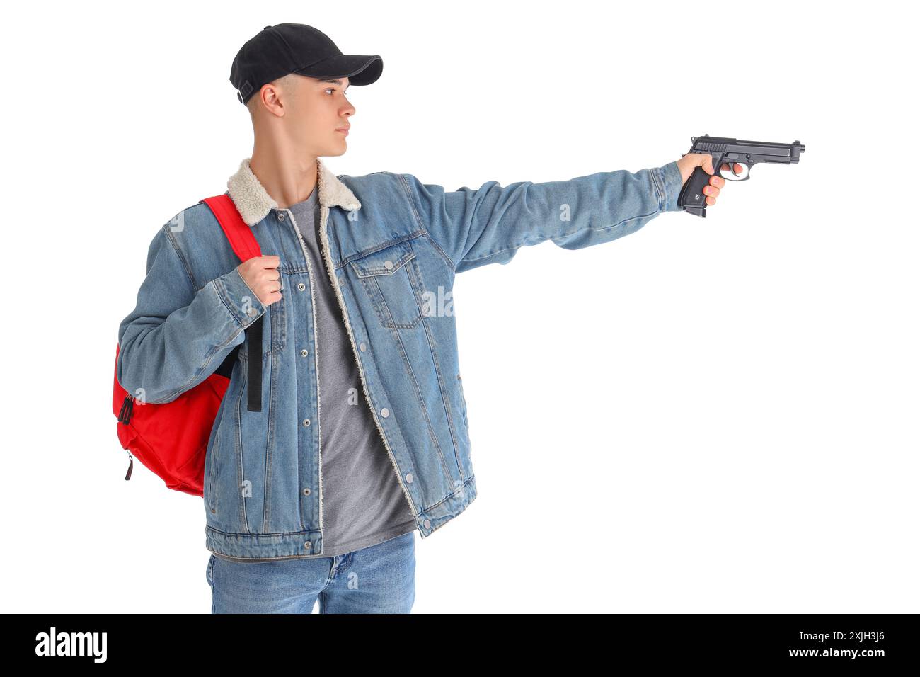 Male student with gun on white background. School shooting concept ...