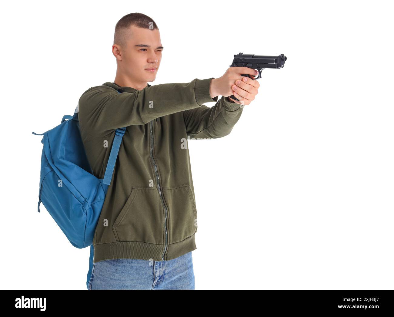 Male student with gun on white background. School shooting concept ...