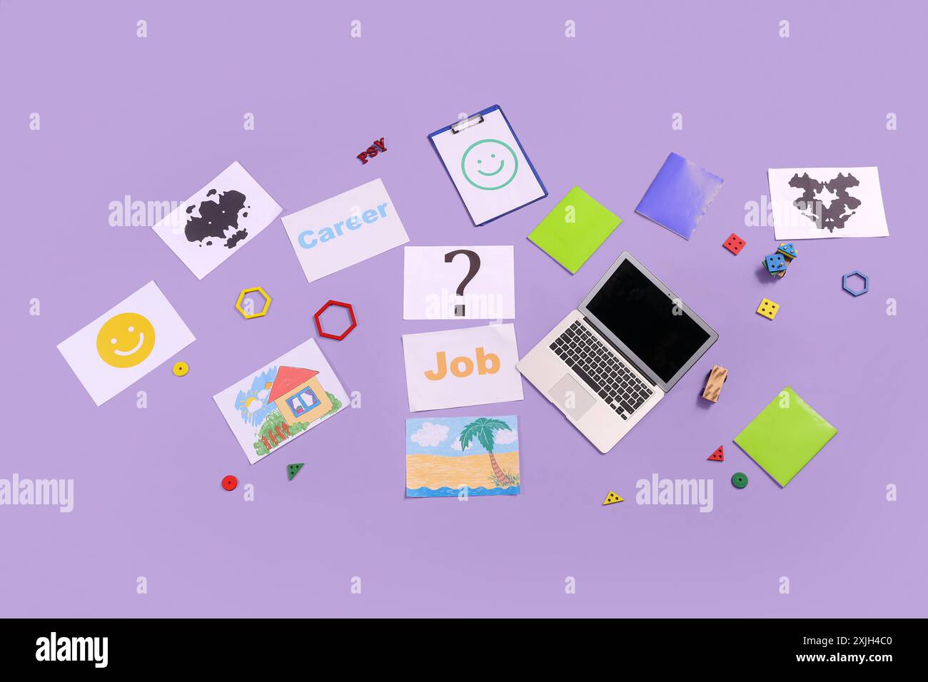 Paper sheets with word JOB, question mark, laptop and child ...