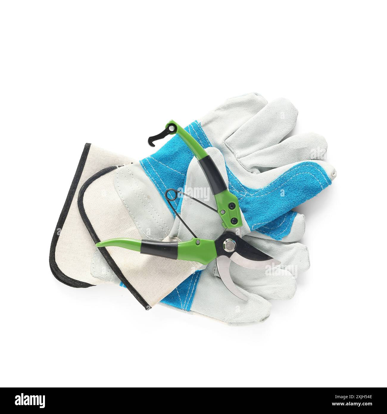 Gardening green secateurs with gloves on white background Stock Photo ...