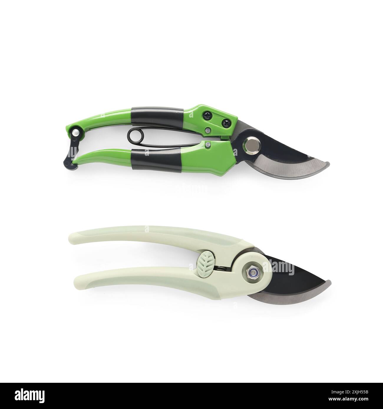 Different gardening secateurs on white background Stock Photo - Alamy