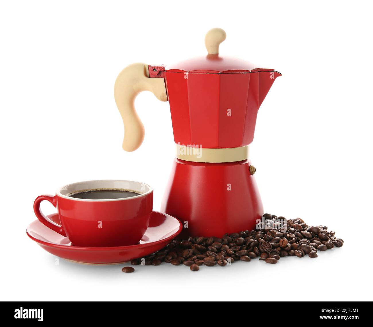 Geyser coffee maker with cup and beans on white background Stock Photo ...