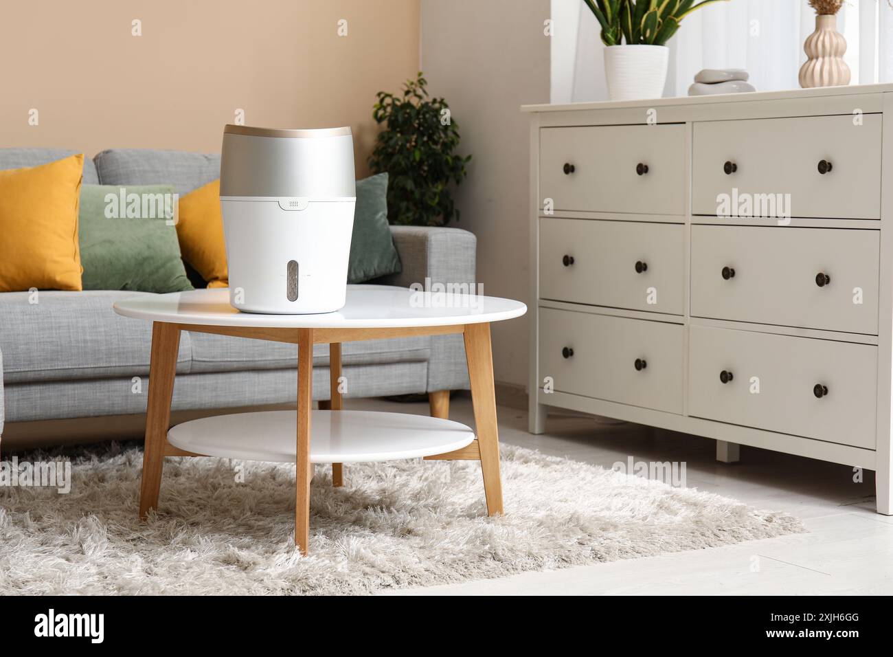 Modern humidifier on coffee table near chest of drawers in stylish ...