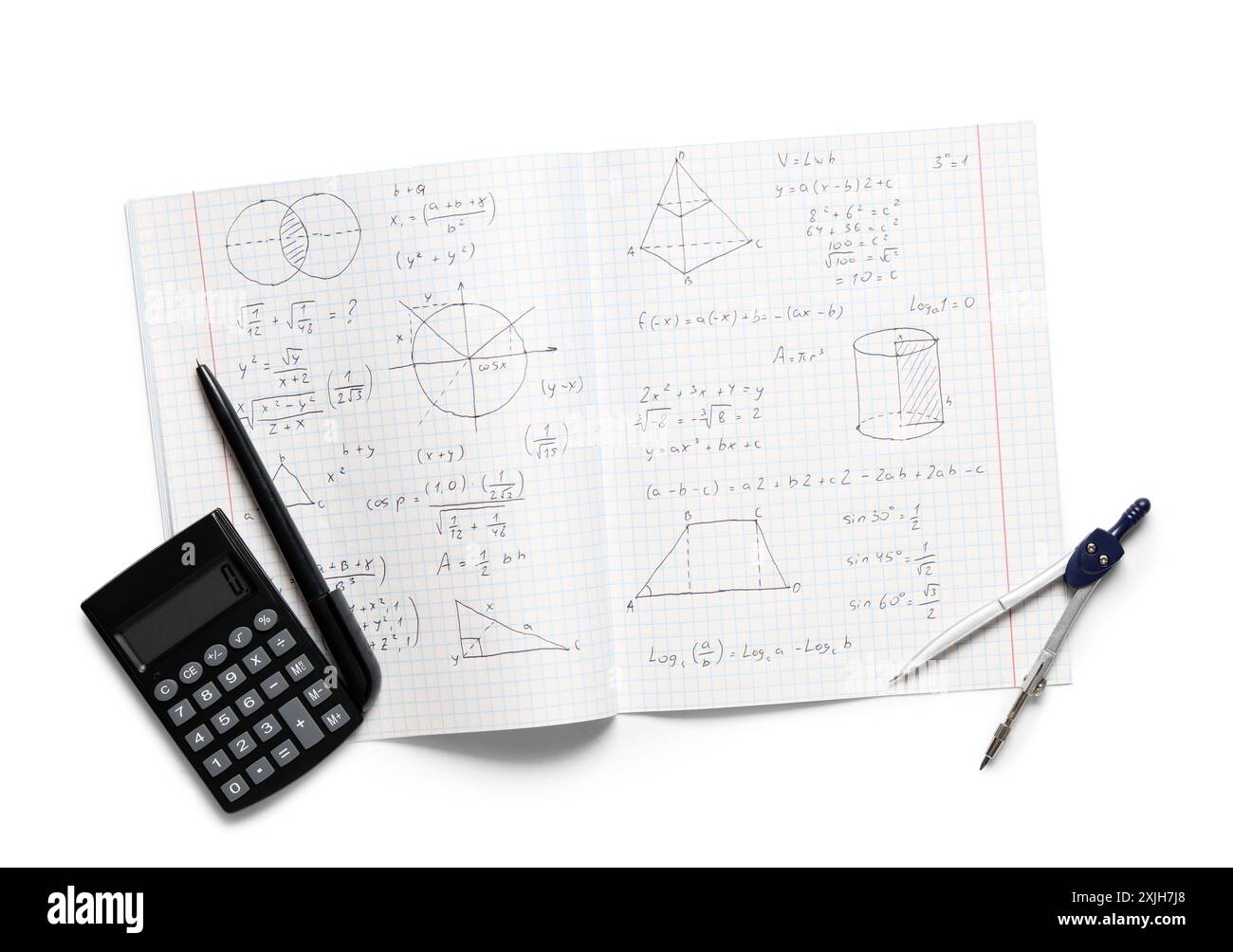 Copybook with handwritten maths formulas, calculator, pencil and pair ...