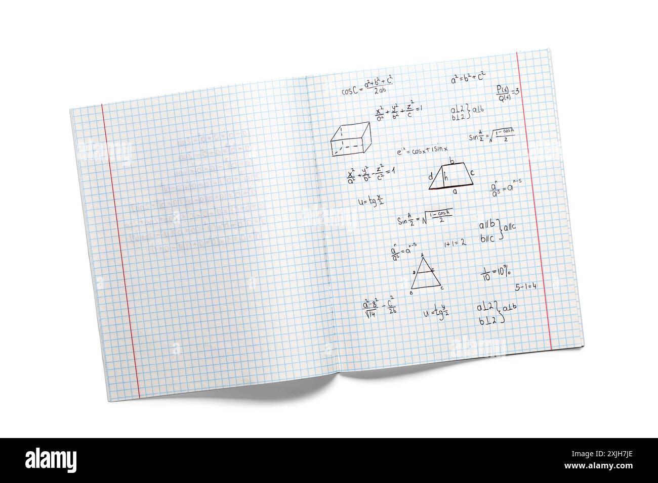 Copybook with handwritten maths formulas isolated on white background ...
