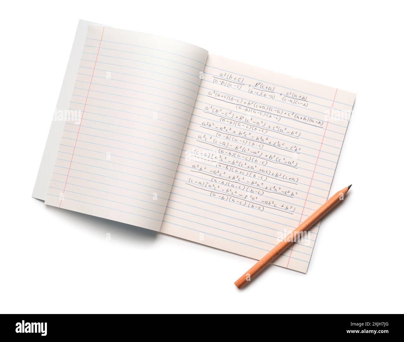 Copybook with handwritten maths formulas and pencil isolated on white ...