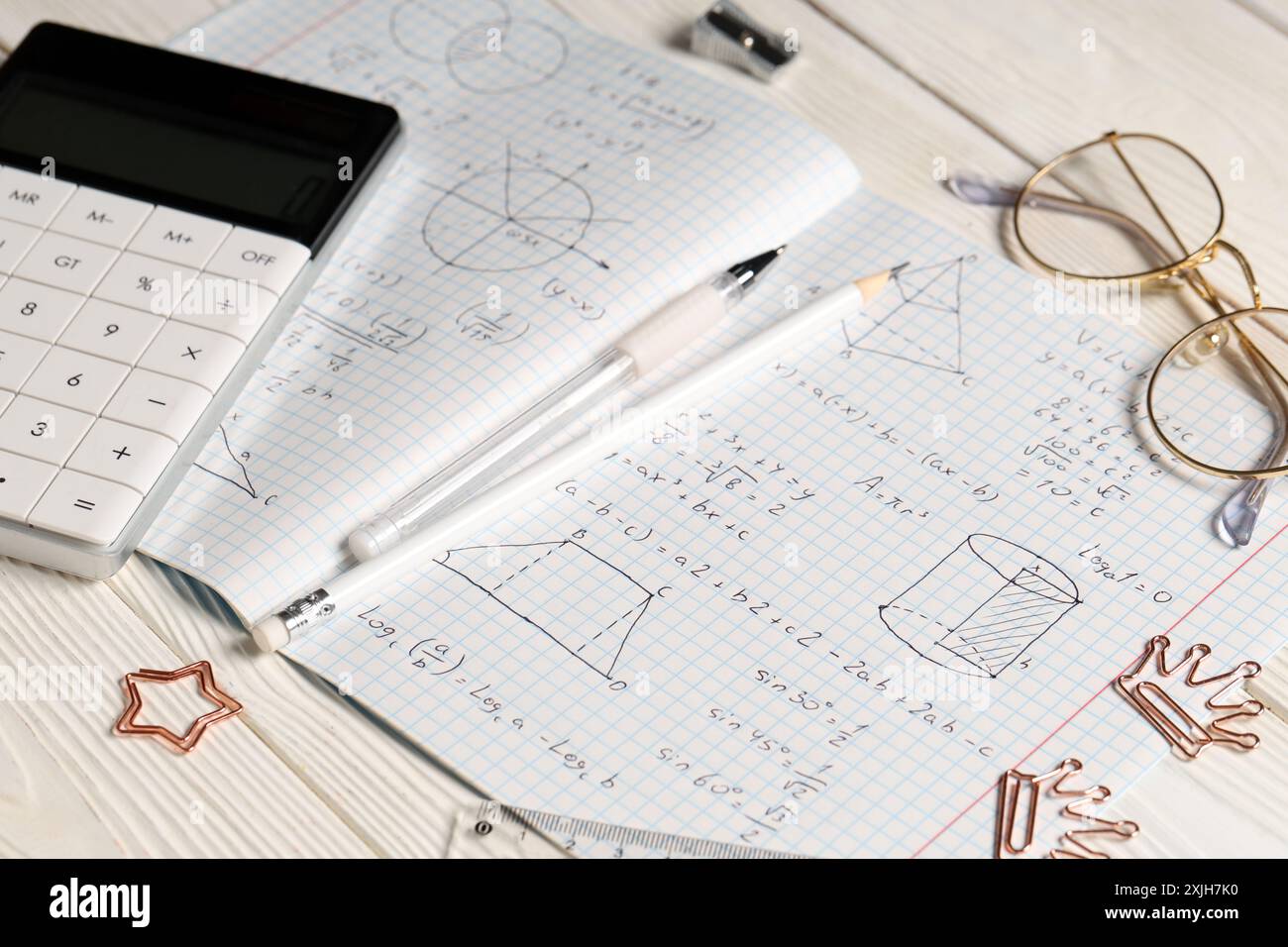 Copybook with handwritten maths formulas, calculator and stationery on ...
