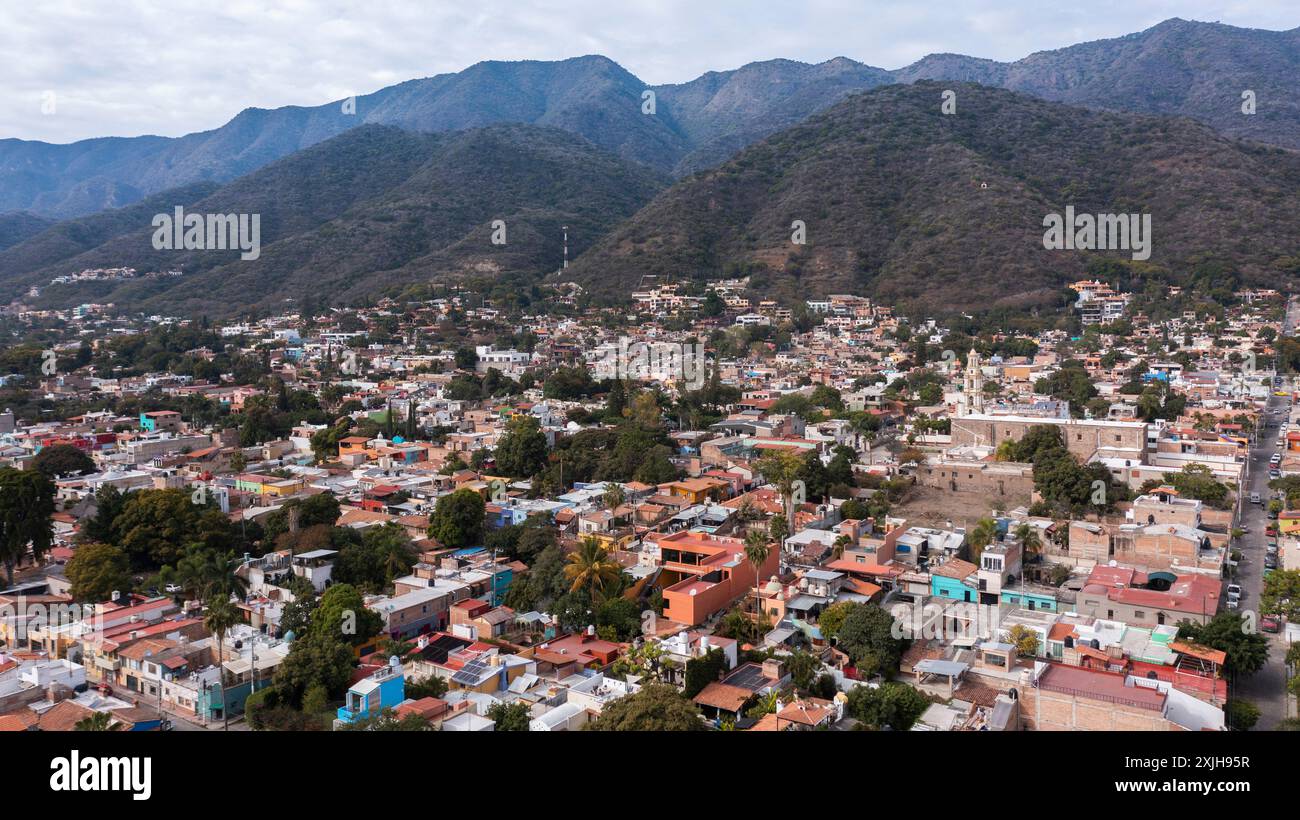 Afternoon aerial view of the historic city center of downtown Ajijic ...