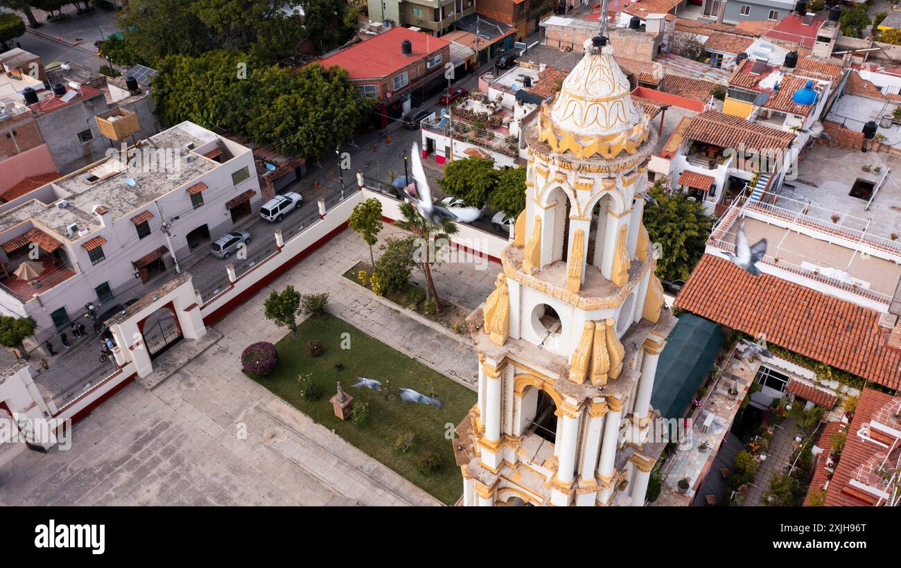 Afternoon aerial view of the historic city center of downtown Ajijic ...
