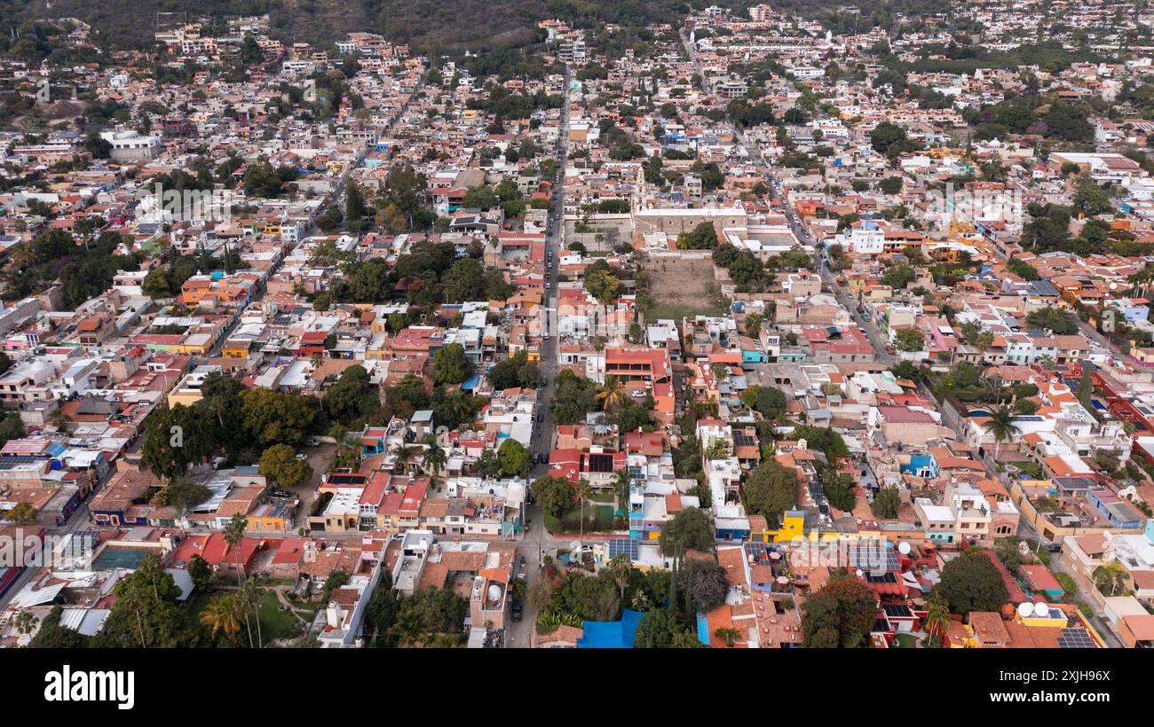 Afternoon aerial view of the historic city center of downtown Ajijic ...