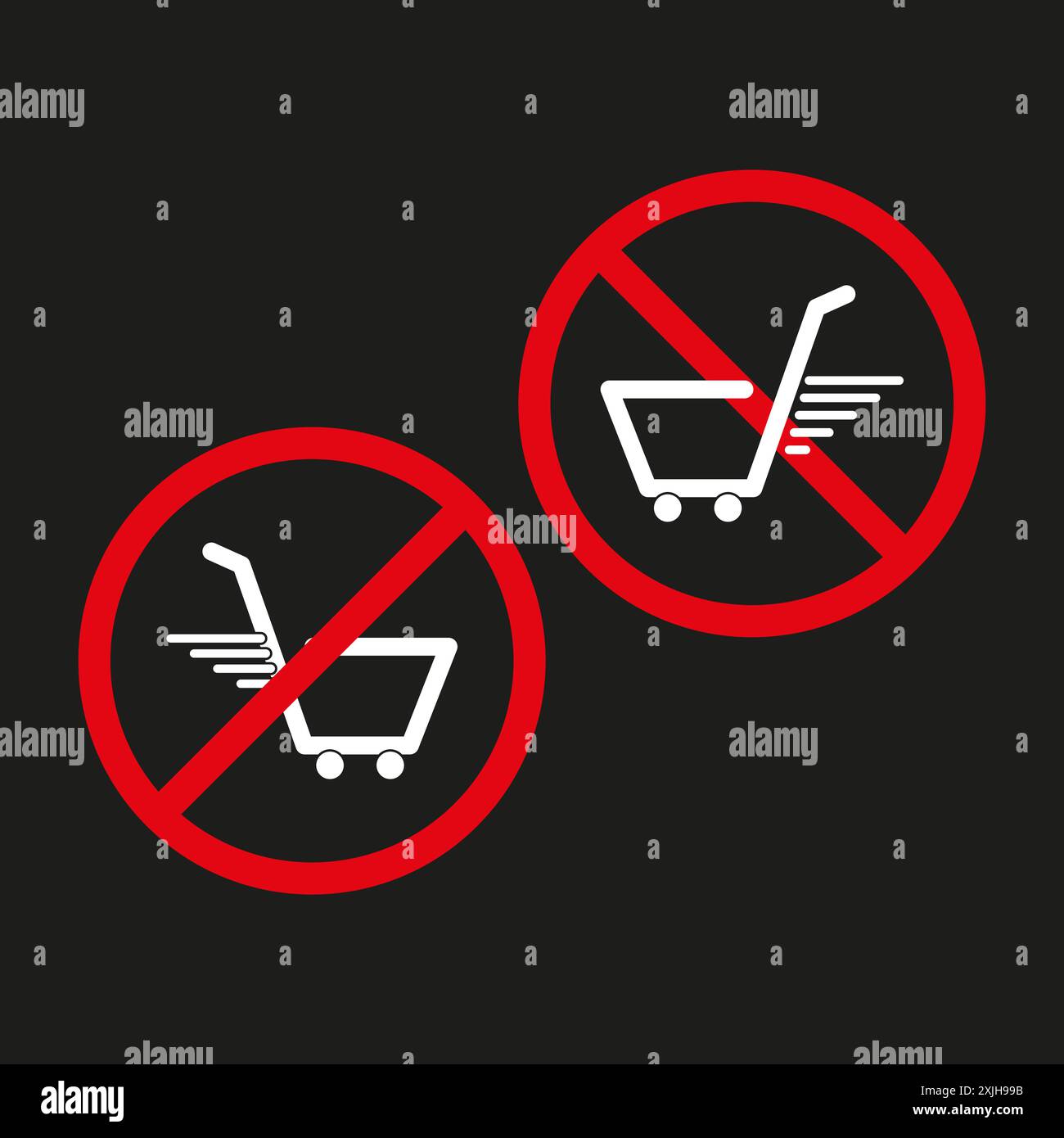 No shopping icons. Red prohibition signs. White carts on black. Vector ...
