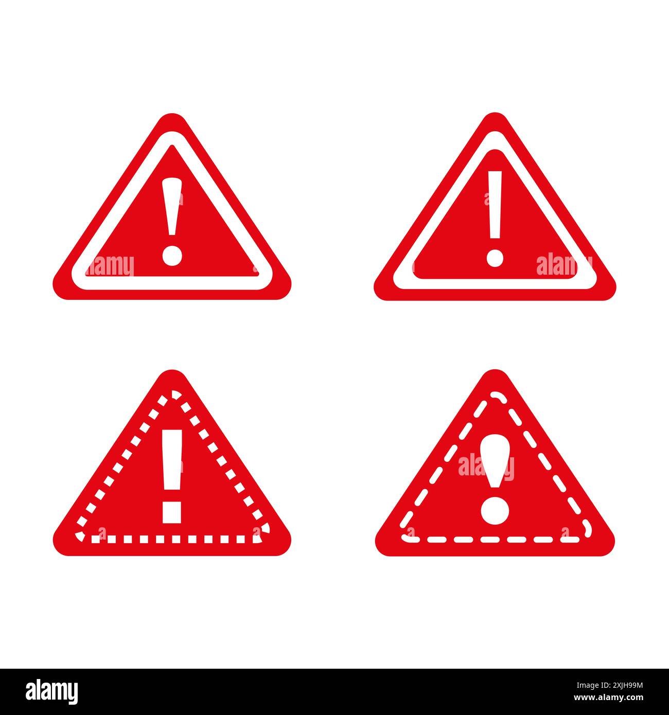 Red warning icons. Exclamation mark symbol. Triangle alert signs ...