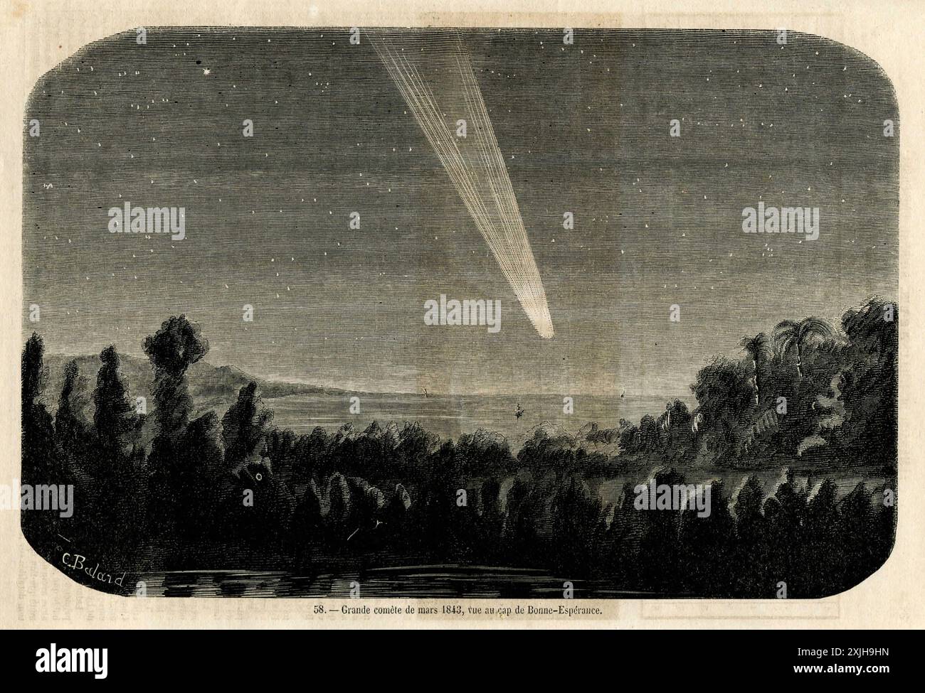 A vintage illustration of a bright comet streaking across a starry ...