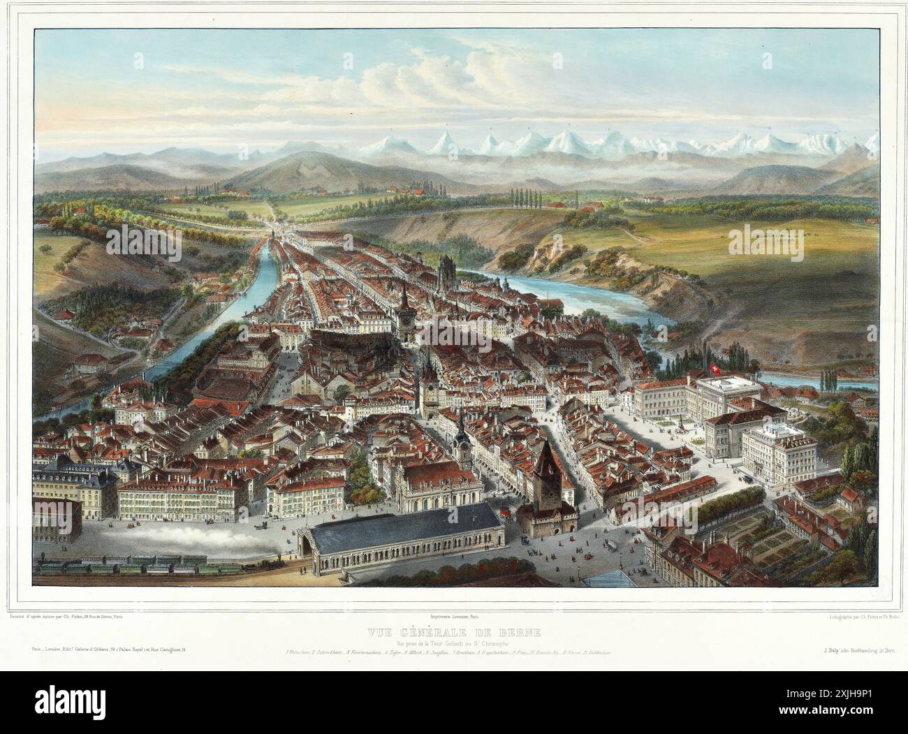 Vintage historical Illustration: The city of Bern, Switzerland, in 1858 ...