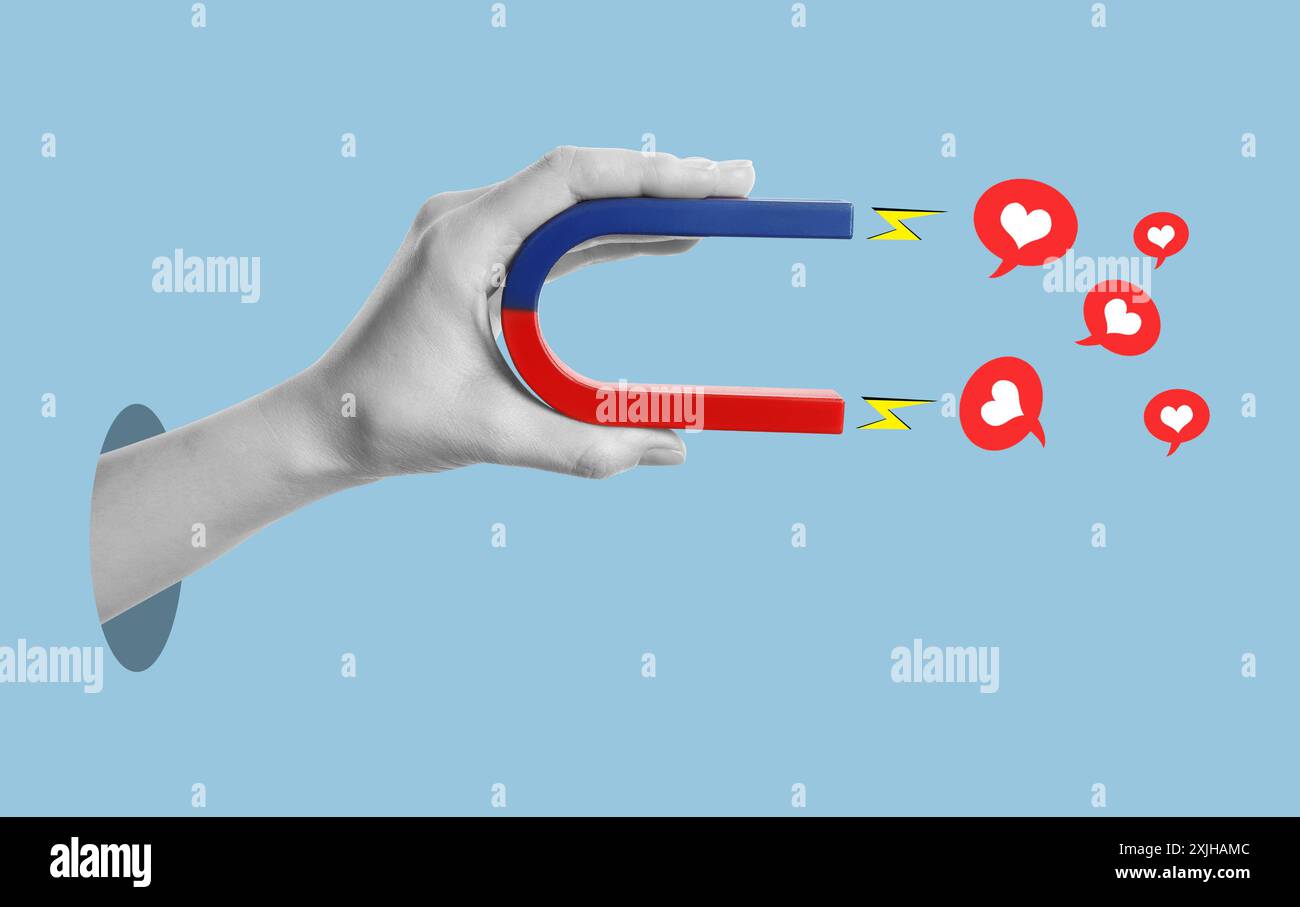 Woman attracting likes with magnet on light blue background, banner ...