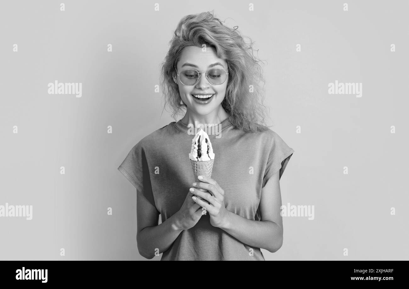 photo of surprised summer woman with cone icecream. summer woman with ...