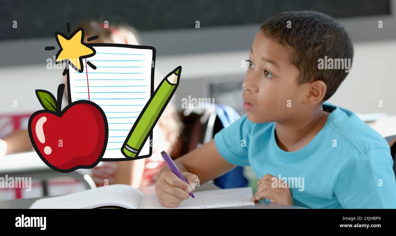 Writing in notebook, boy with pencil and apple image over classroom ...