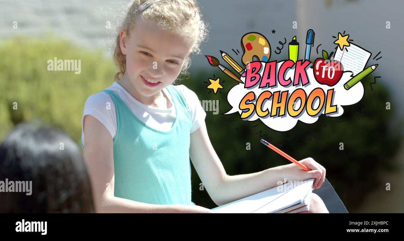 Drawing in notebook, girl with pencil and back to school image ...