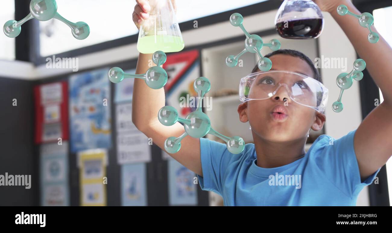 Conducting science experiment, child holding beakers with molecular structure image Stock Photo ...