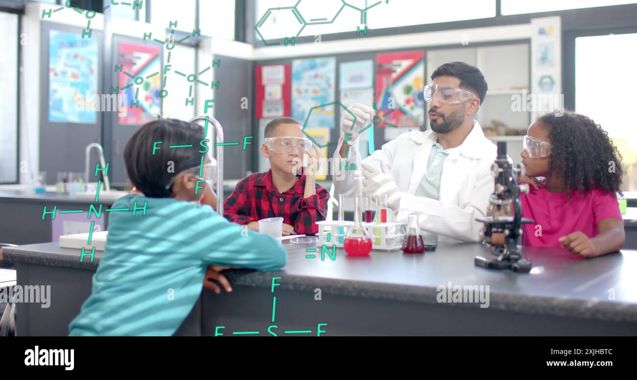 Chemistry formulas over teacher explaining experiment to children in science classroom image ...