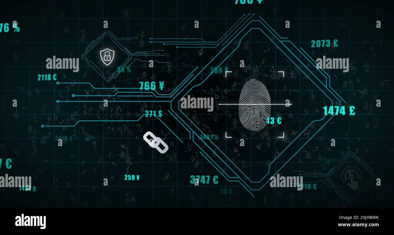 Image of biometric fingerprint and data processing over black background Stock Photo - Alamy