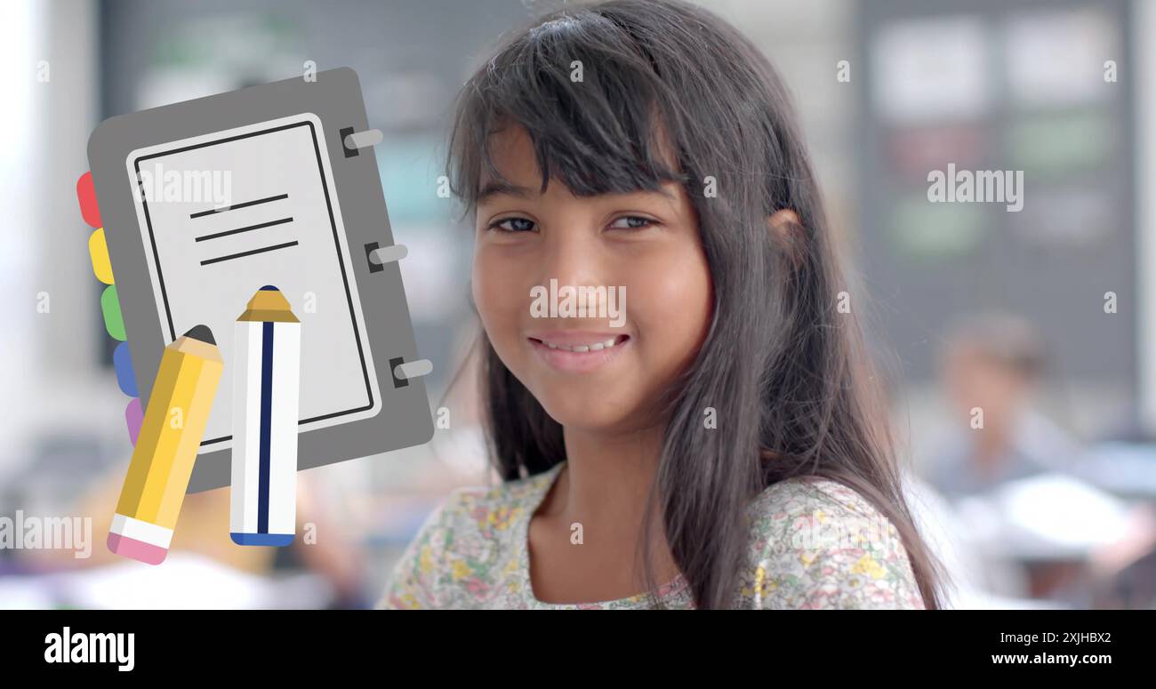 Smiling girl in classroom with notebook and pencils image over her ...