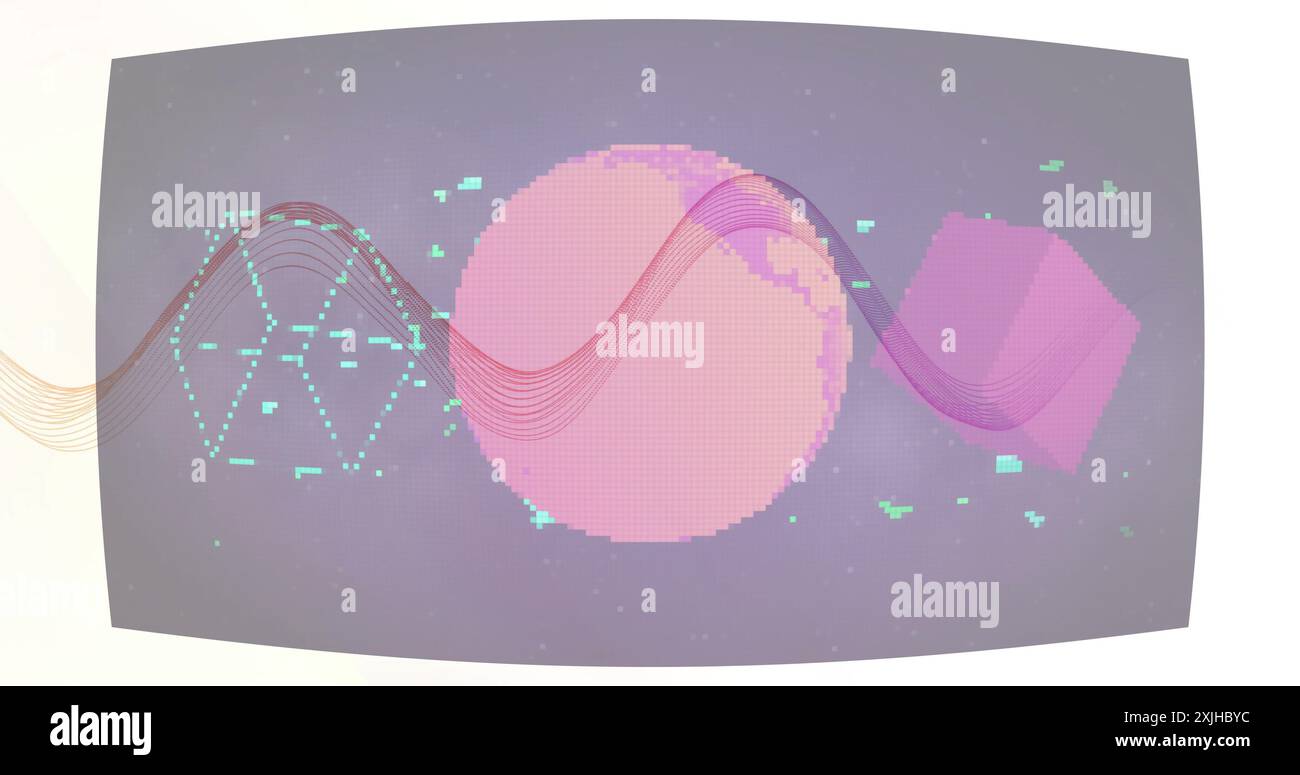 Image of earth, cubes and abstract shape waving shape moving over grey ...