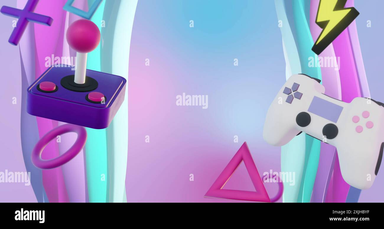 Image of image game items and shapes moving over waving layers ...