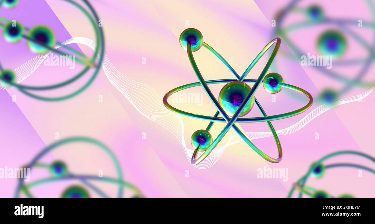 Image of atoms moving over waving multi coloured background. Science ...
