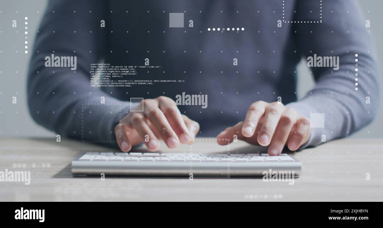 Image of data processing over midsection of biracial man using computer keyboard at desk. Work ...