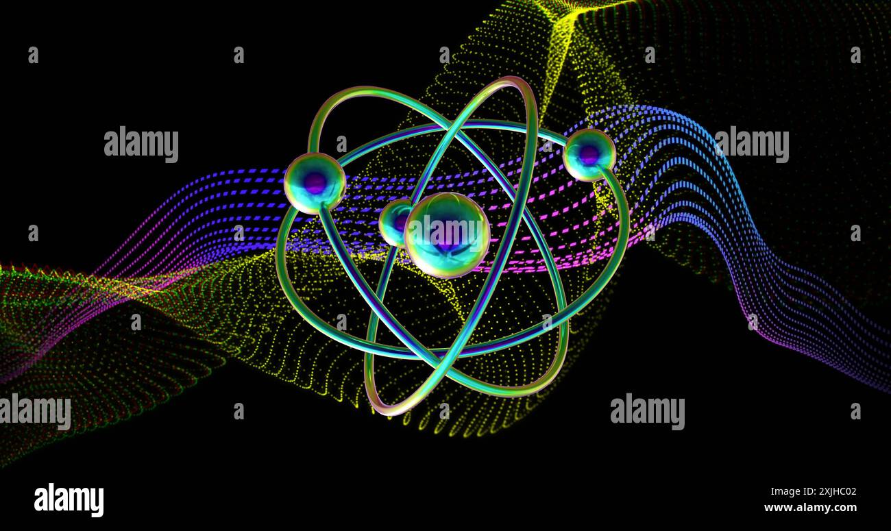 Image of atoms moving over waving multi coloured mesh on black ...