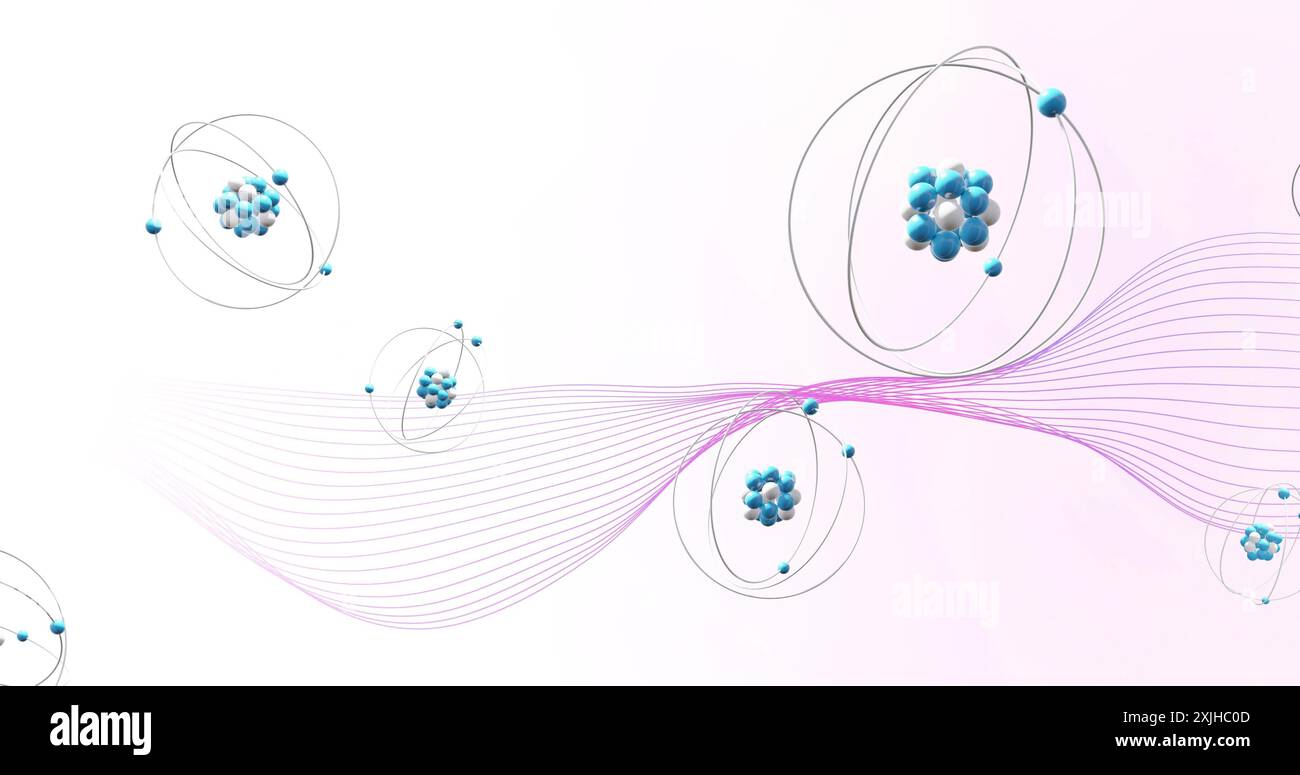 Image of atoms moving over waving multi coloured background Stock Photo ...