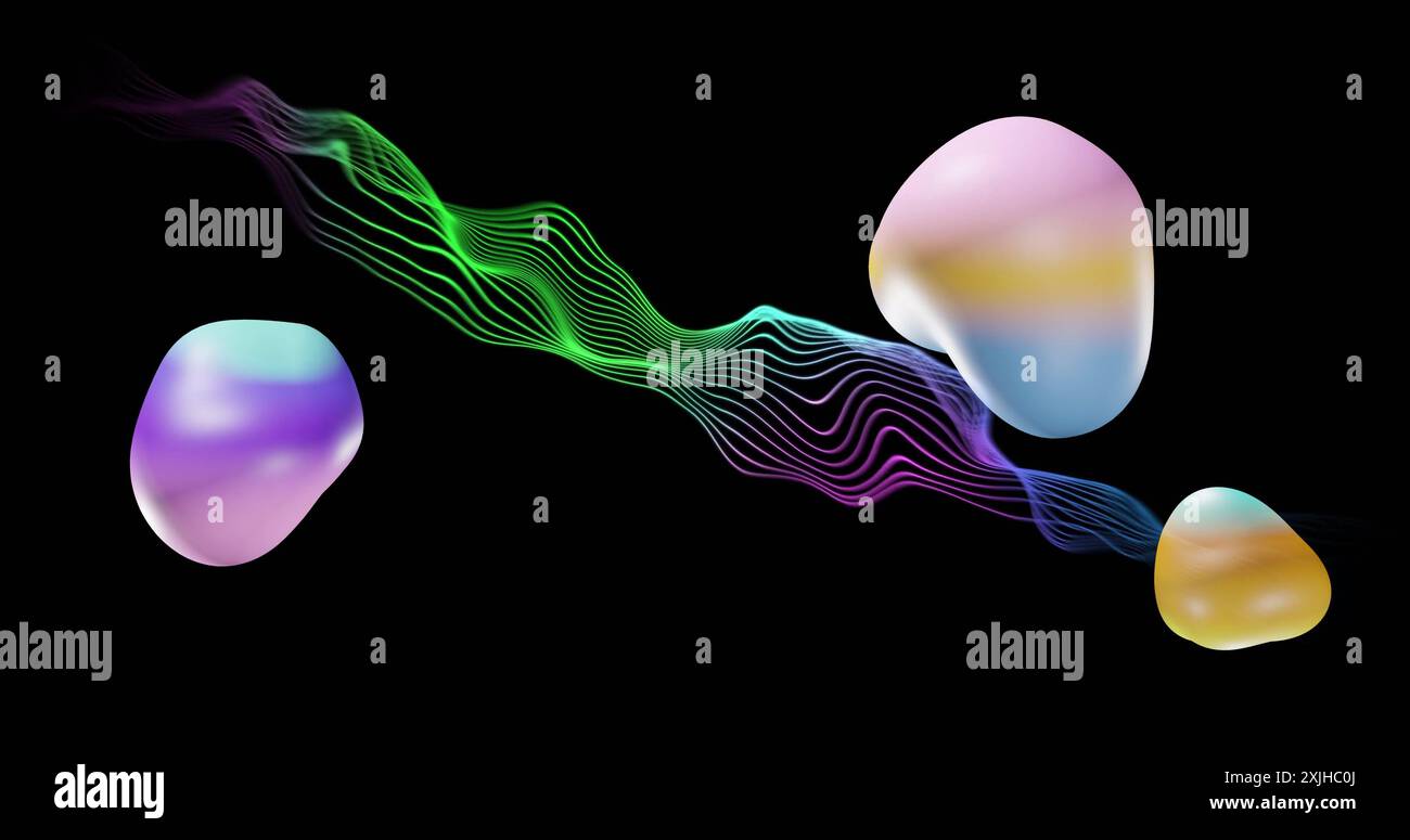 Image of blobs and abstract shapes moving over waving mesh on black ...