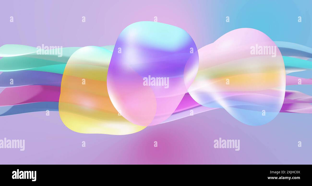 Image of abstract shapes moving over waving multi coloured background ...