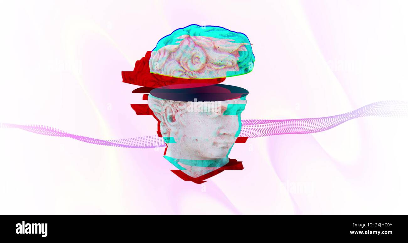 Image of ancient sculpture head moving over waving multi coloured ...