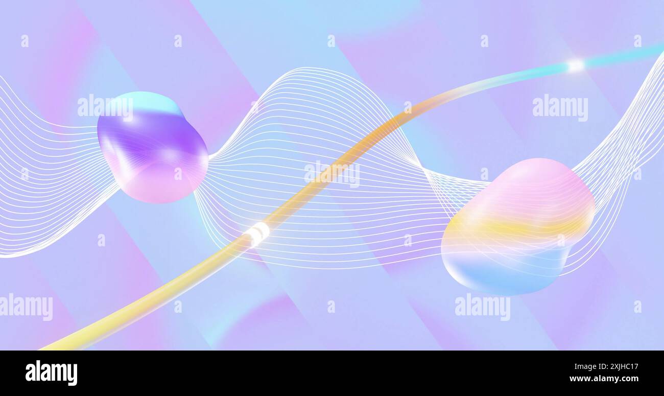 Image of abstract shapes moving over waving multi coloured background ...