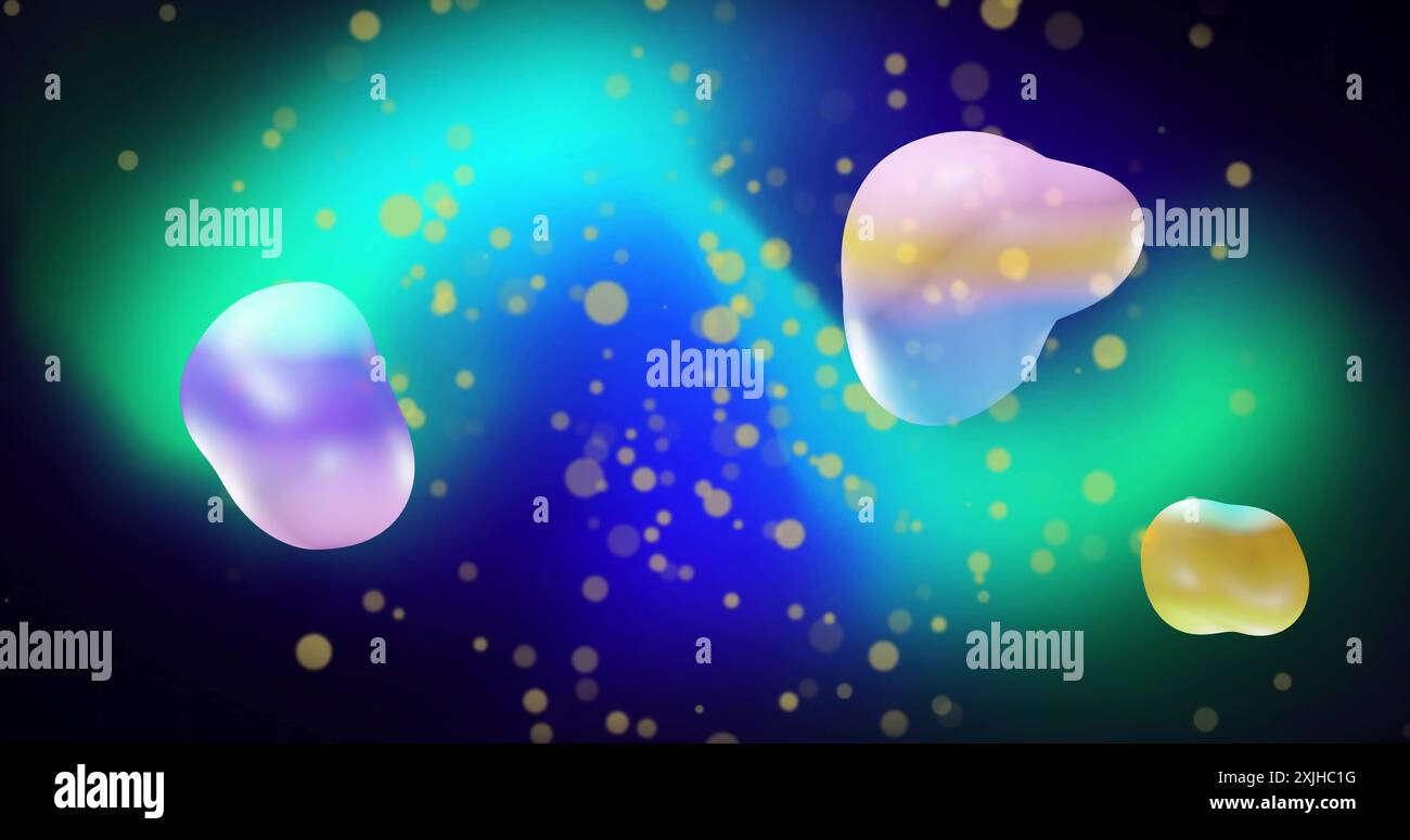 Image of blobs and abstract shapes moving over glowing shape on black ...