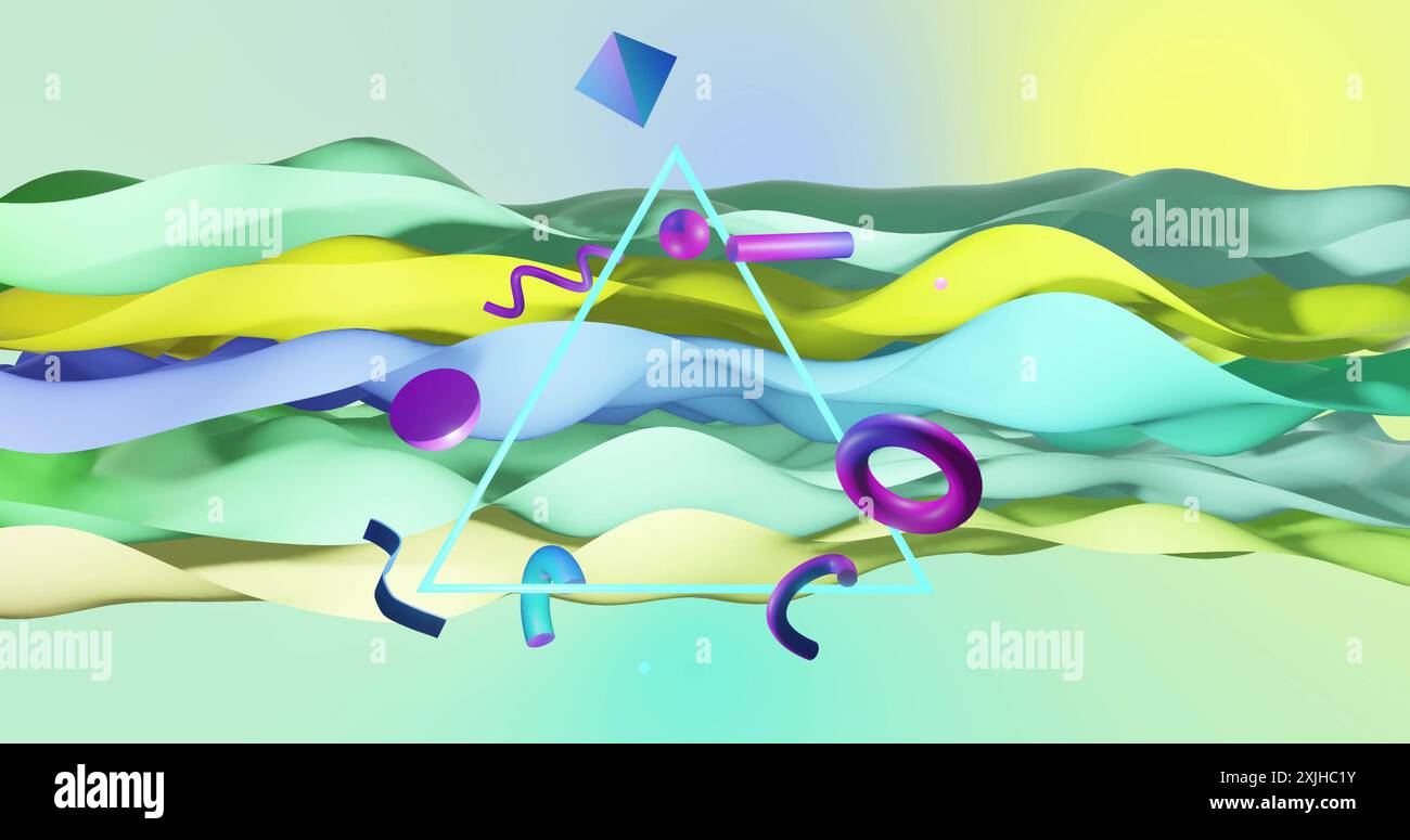 Image of abstract shapes moving over waving multi coloured background ...