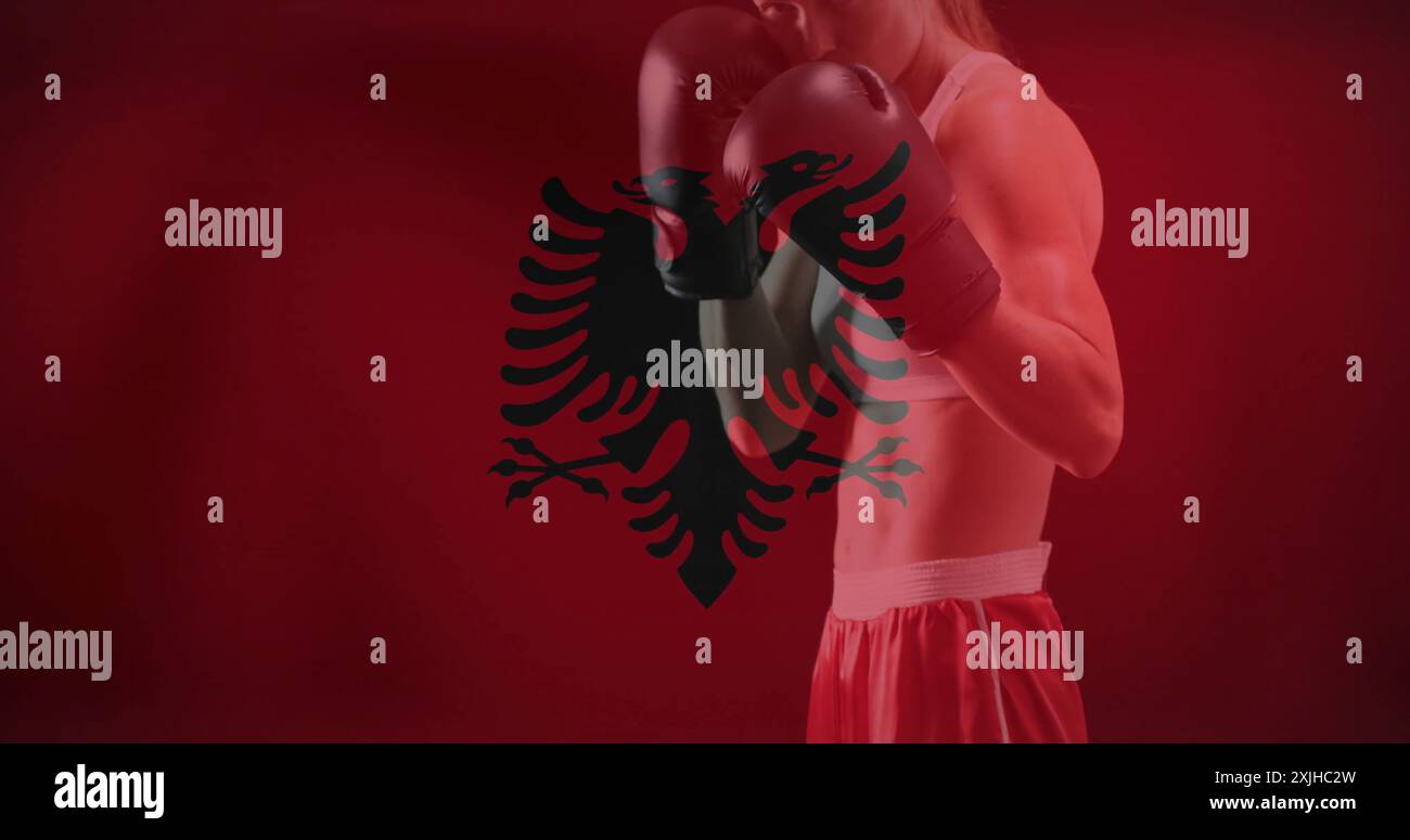 Image of flag of albania over caucasian female boxer. Sport, flags and ...