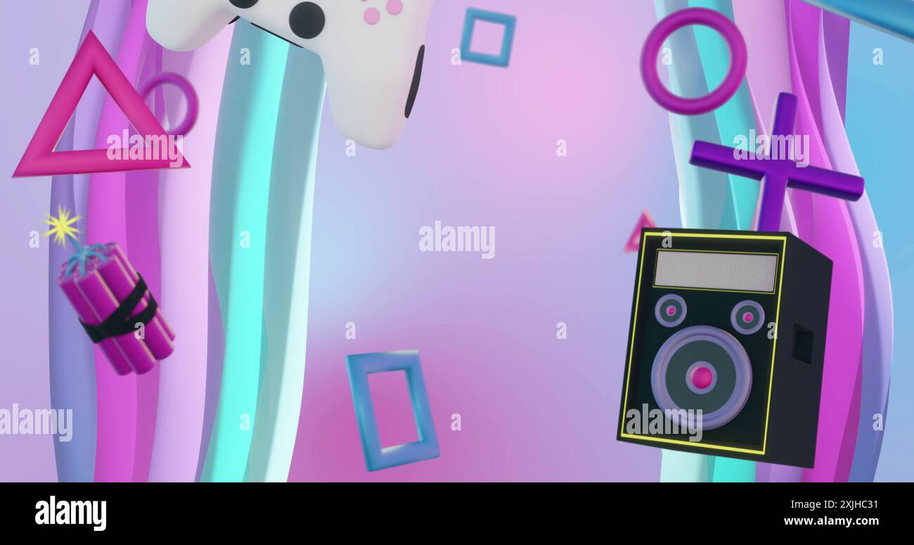 Image of image game items and shapes moving over waving layers ...