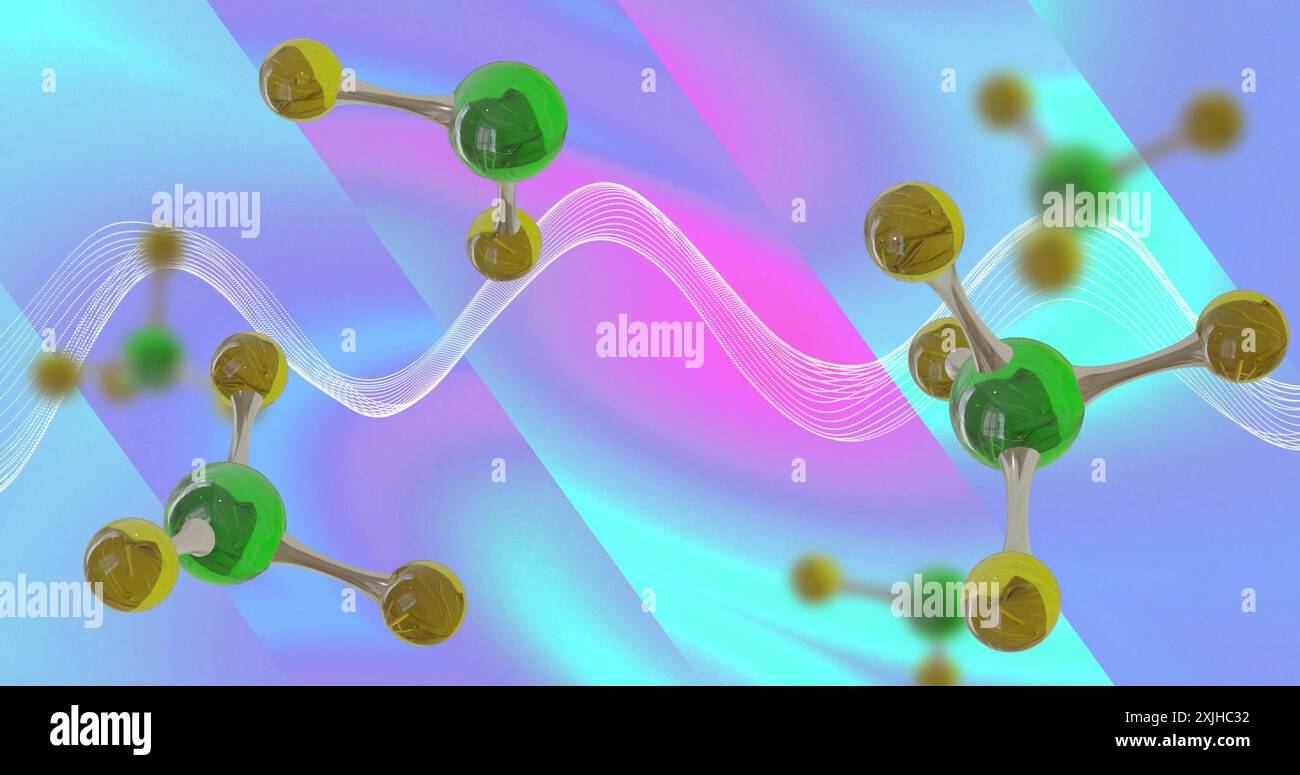 Image of molecules moving over waving multi coloured background ...