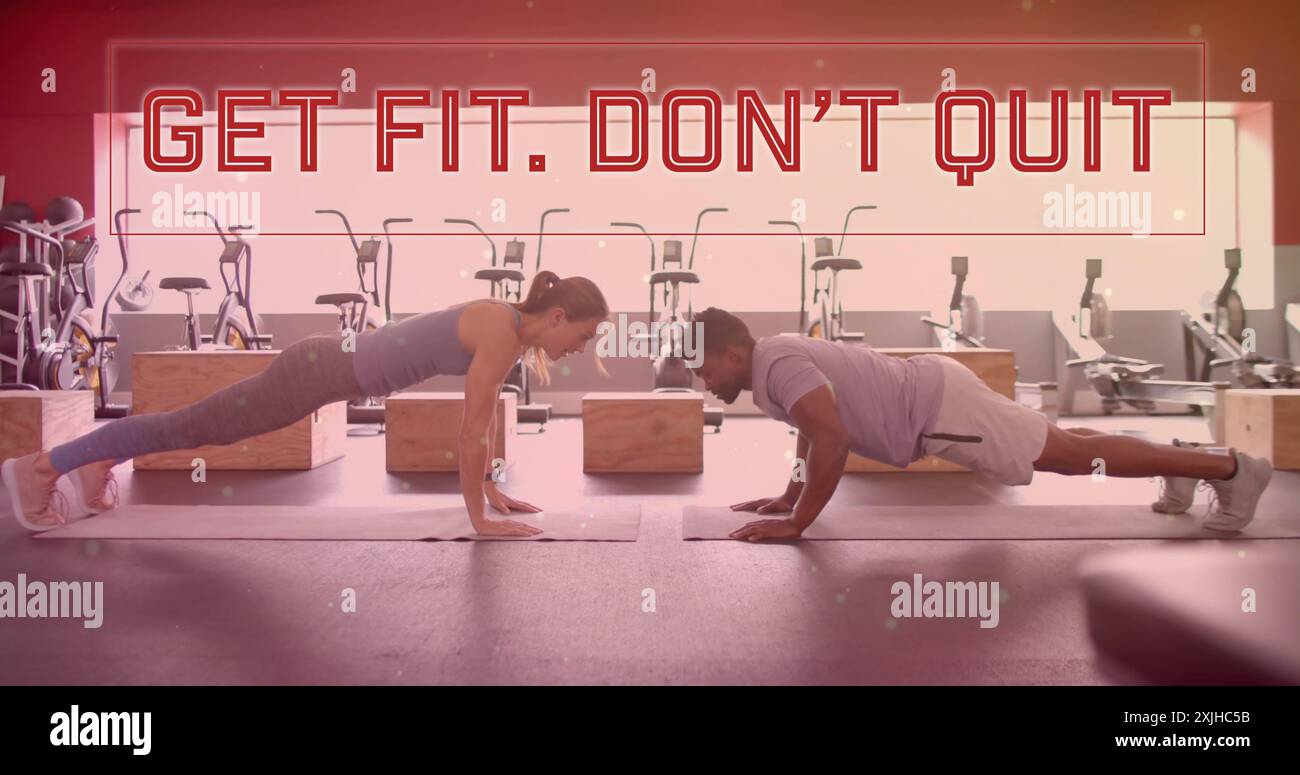 Image of get fit don't quit text over diverse man and woman exercising ...