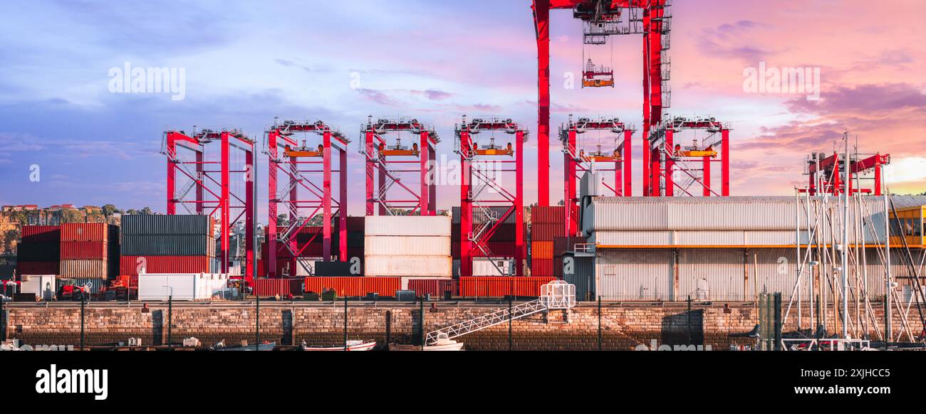 Vibrant port scene with multiple red gantry cranes and stacked shipping ...