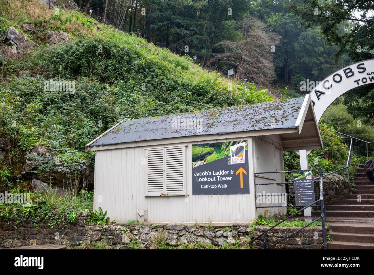 Cheddar Gorce and Caves in Somerset, entrance to Jacobs Ladder tower ...