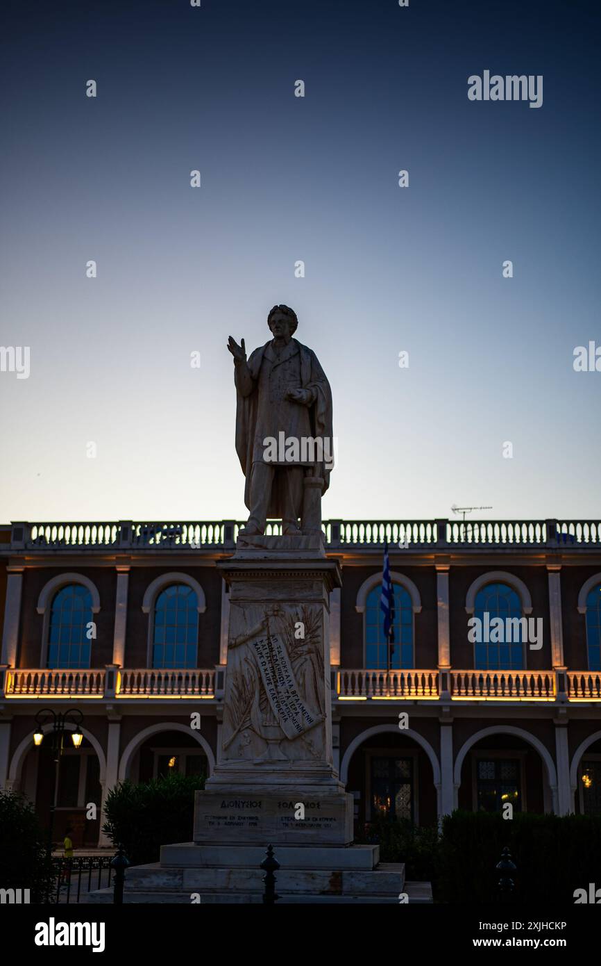 Zakynthos, Greece - June 6 2024: Night view of Dionysios Solomos Statue ...
