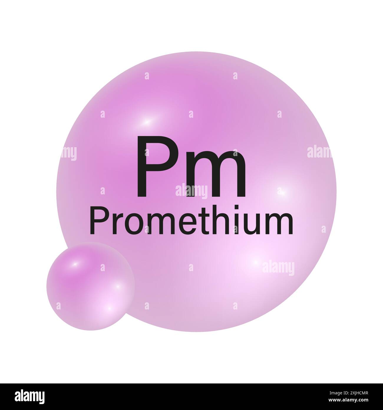 Promethium element symbol. Purple spherical representation. Chemical Pm ...